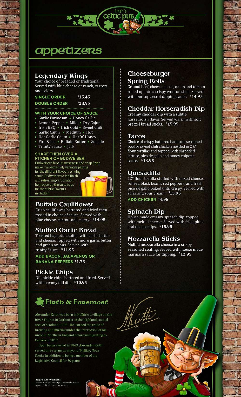 Menu - Firth's Celtic Pub - Irish Pub in Hamilton, Ontario on Upper ...
